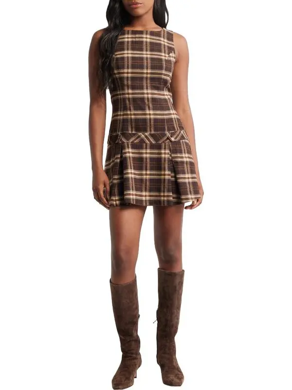 Moon River Plaid Sleeveless Minidress - Brown