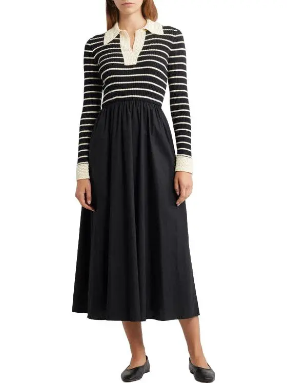 Moon River Stripe Long Sleeve Twofer Midi Dress - Black