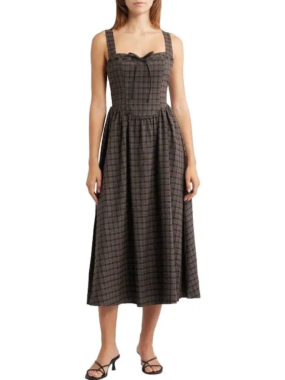 Moon River Plaid Fit & Flare Midi Dress - Dark Brown