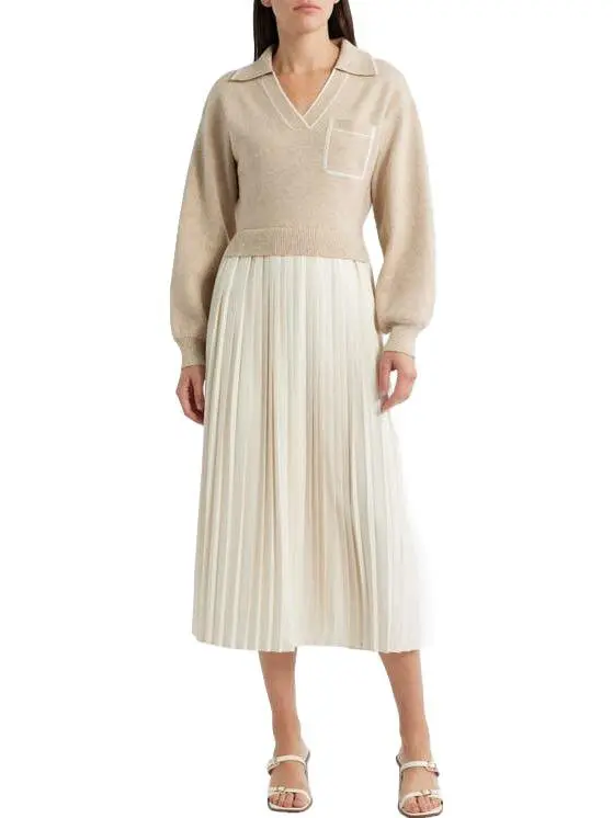 ZOE AND CLAIRE Long Sleeve Twofer Pleated Dress - Beige