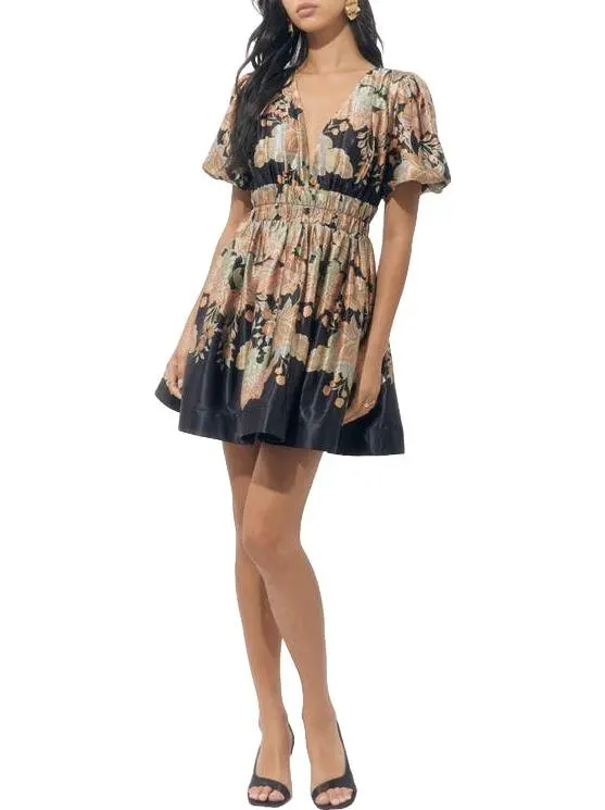Adelyn Rae Koi Print Puff Sleeve Dress - Black/gold