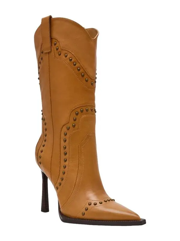 Steve Madden Kylar Studded Western Boots - Cognac Leather