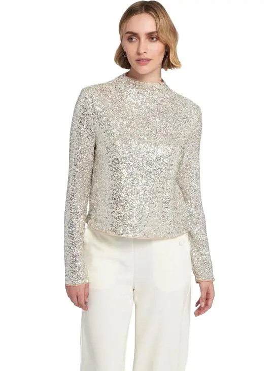 ELLE COLLECTION Sequin Knit Mock Neck Top - Champagne