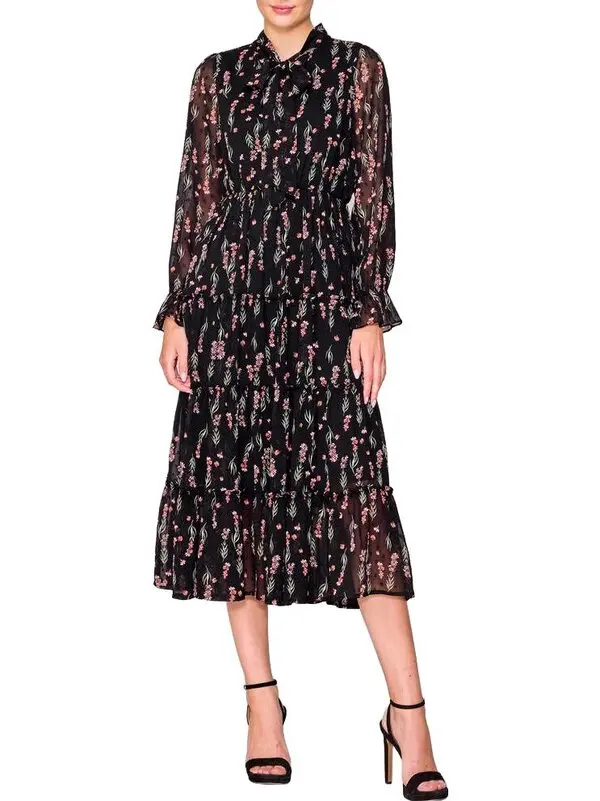 MELLODAY Tie Front Long Sleeve Tiered Midi Dress - Black Floral
