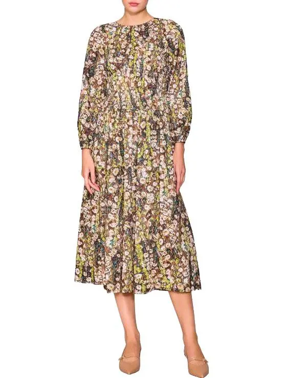 MELLODAY Floral Print Shirred Midi Dress - Green Multi