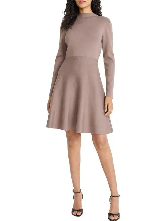 Maggy London Long Sleeve Fit & Flare Sweater Dress - Taupe