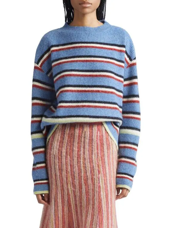 ZANKOV Halas Stripe Rib Merino Wool & Cashmere Crewneck Sweater - Stripe-cornflower