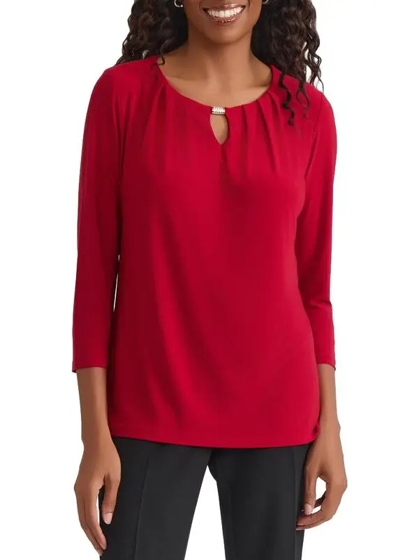 KASPER Pleated Keyhole Neck Top - Fire Red