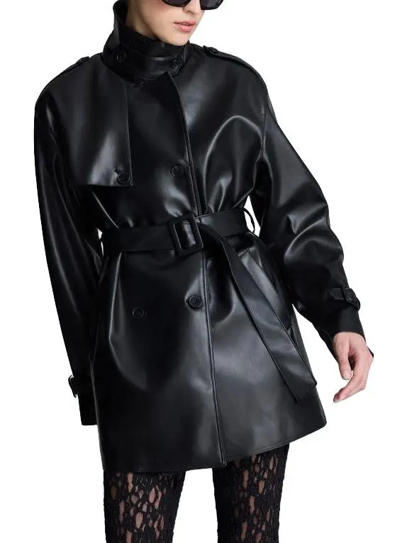 KENNETH COLE Double-breasted Faux Leather Trench Coat - Black