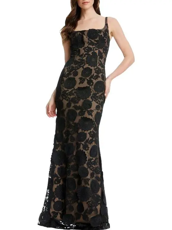 Dress The Population Lorena Floral Appliqué Mermaid Gown - Black/beige