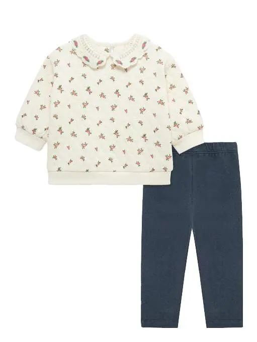 LITTLE ME Rose Collared Sweatshirt & Leggings Set - Blue/white