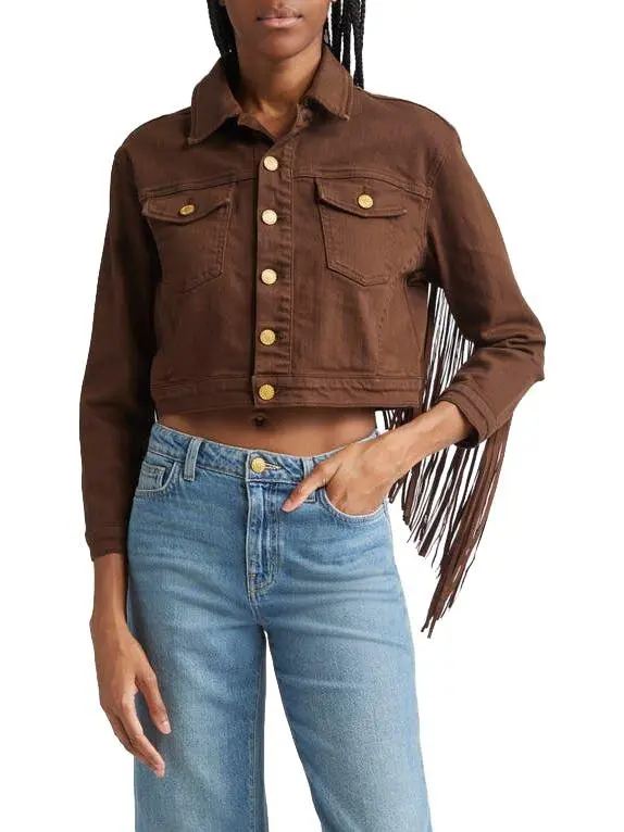 L'Agence Koda Fringe Crop Denim Jacket - Brown