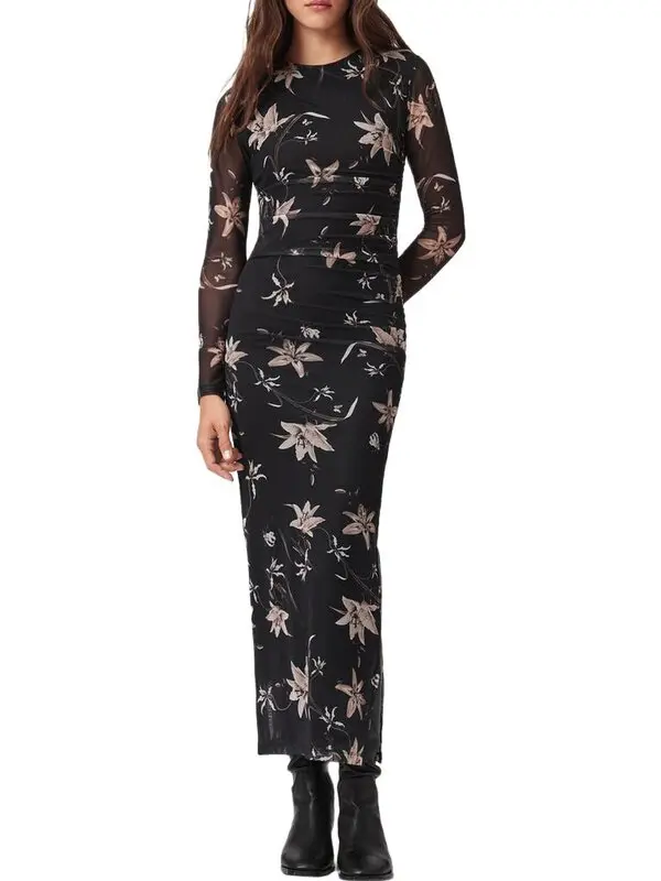 ALLSAINTS Caia Floral Long Sleeve Mesh Dress - Petra Sepia Brown
