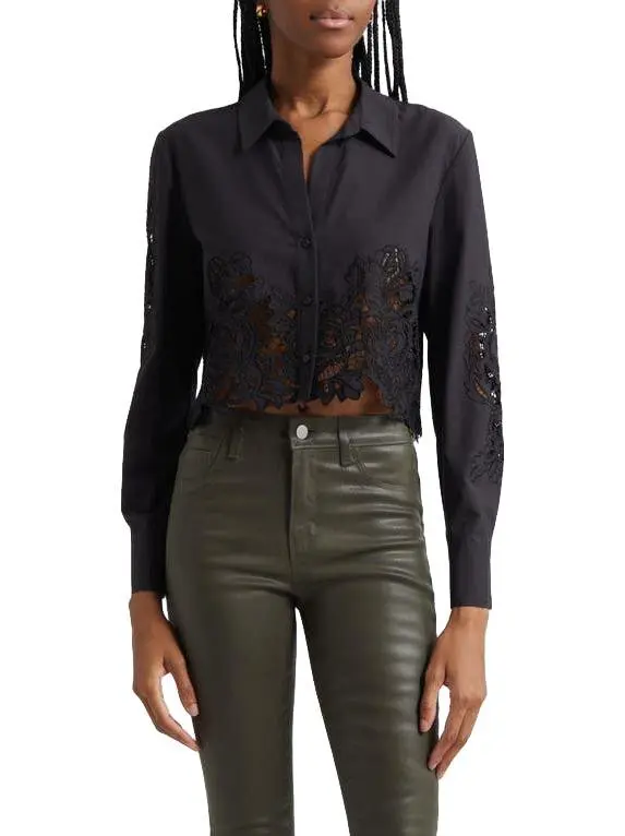L'Agence Seychelle Cutwork Crop Shirt - Black