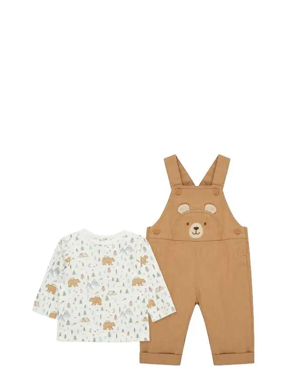 LITTLE ME Bear Graphic T-shirt & Overalls Set - Brown