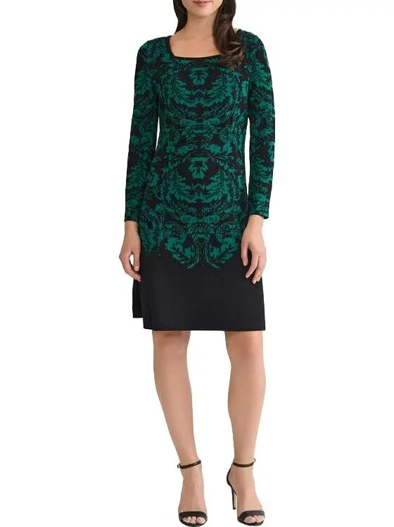 Ming Wang Filigree Jacquard Long Sleeve Sweater Dress - Everest/black