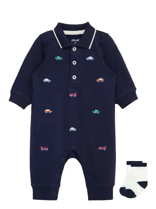 LITTLE ME Cars Embroidered Romper And Socks Set - Blue