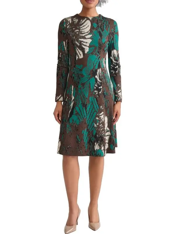 Ming Wang Floral Jacquard Long Sleeve Knit A-line Dress - Everest/dark Umber/black
