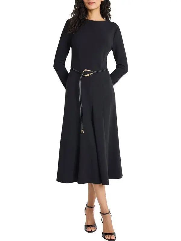 Maggy London Long Sleeve Tie Waist Midi Dress - Black