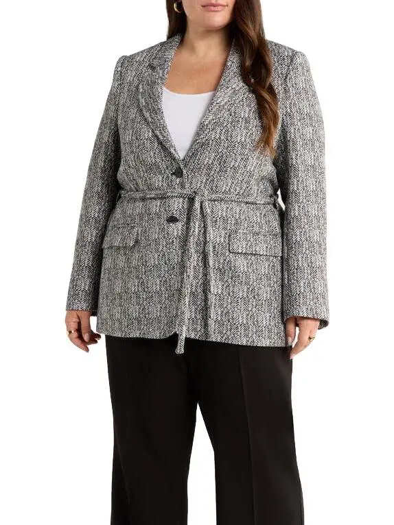 Nordstrom The Liv Belted Textured Boyfriend Blazer - Black Ivory Herringbone