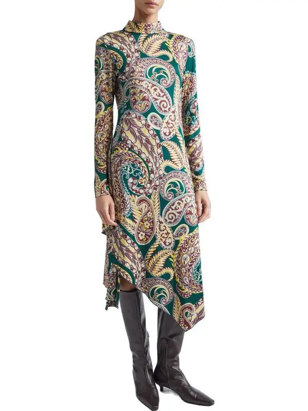 Etro Paisley Long Sleeve Open Back Midi Dress - Stampa Fondo Verde