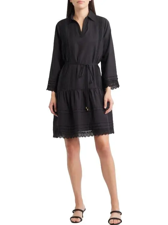 Julia Jordan Lace Trim Long Sleeve Shirt Dress - Black