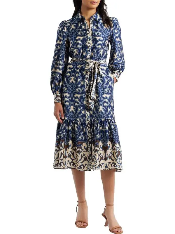 Julia Jordan Printed Tie-waist Midi Shirtdress - Navy Multi