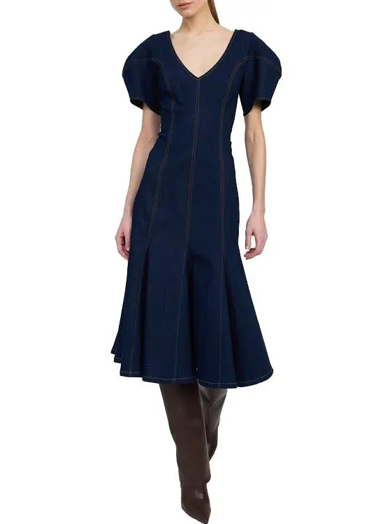 EN SAISON Seraphina Puff Sleeve Denim Midi Dress - Indigo