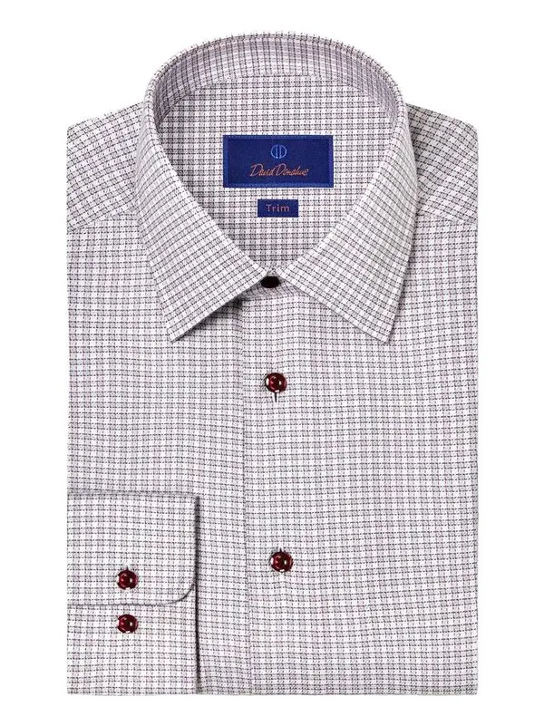 David Donahue Trim Fit Textured Twill Check Dress Shirt - Gray/berry