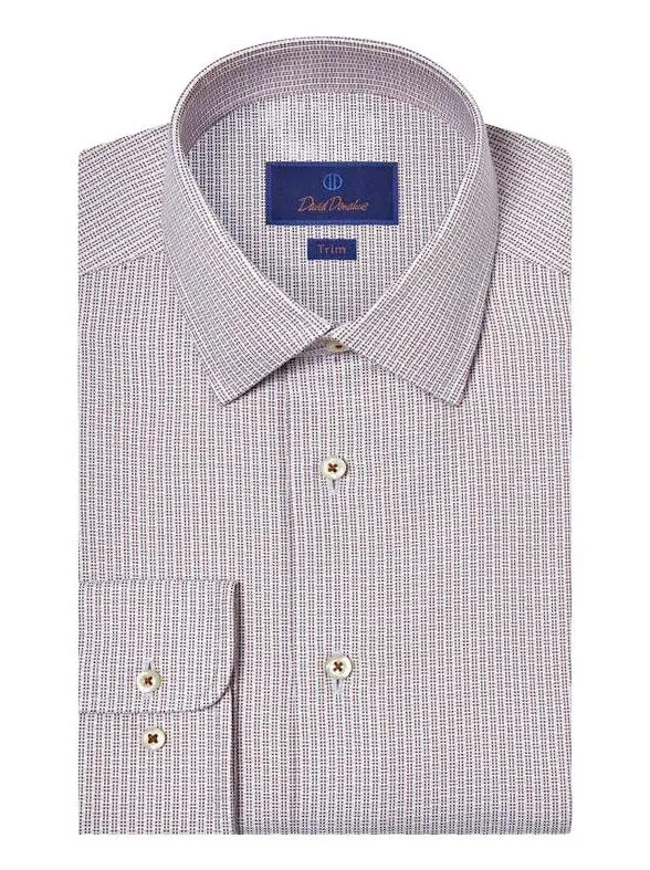David Donahue Trim Fit Micro Dobby Cotton Dress Shirt - Chocolate/sky