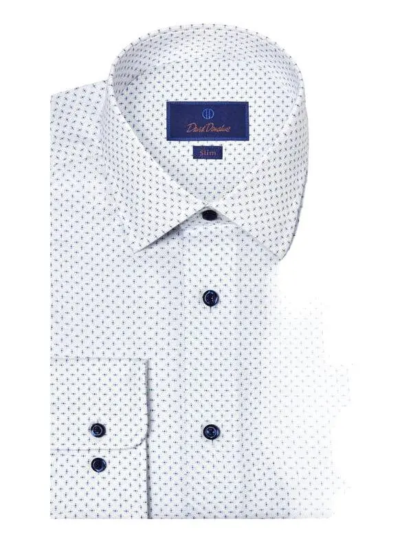 David Donahue Slim Fit Neat Stretch Cotton Dress Shirt - White/navy