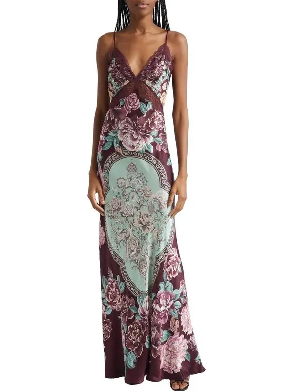 Camilla Lace Trim Printed Silk Slipdress - If These Tiles Could Talk