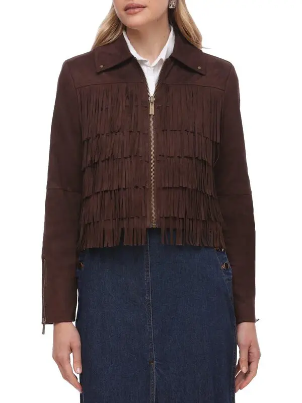 Bagatelle Faux-suede Fringe Jacket - Bitter