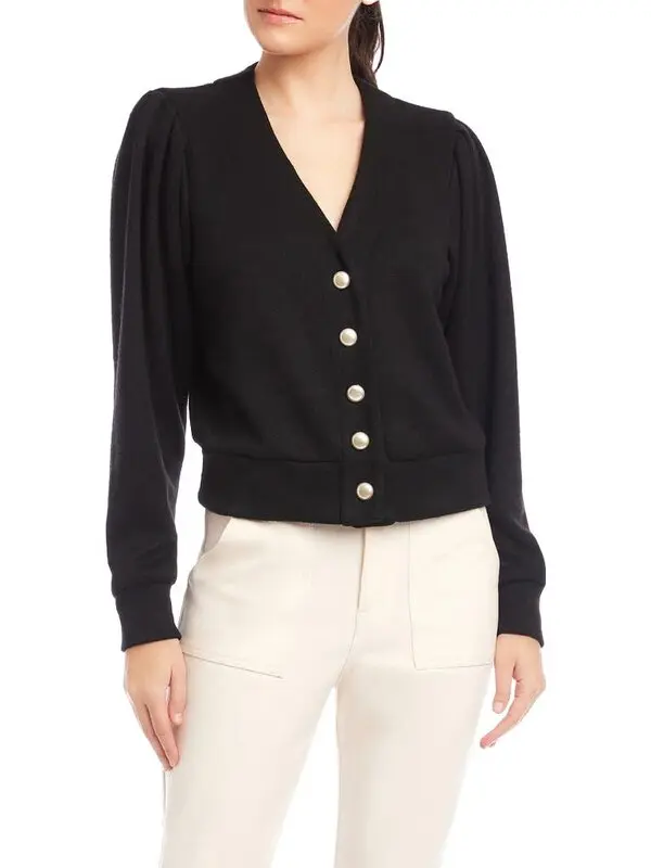 Fifteen Twenty Madeline V-neck Puff Sleeve Cardigan - Black