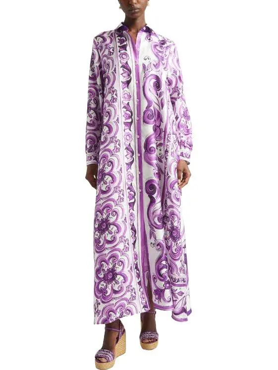 Dolce & Gabbana Majolica Print Long Sleeve Silk Shirt Dress - Ip3tn Mix Maiolica Viola