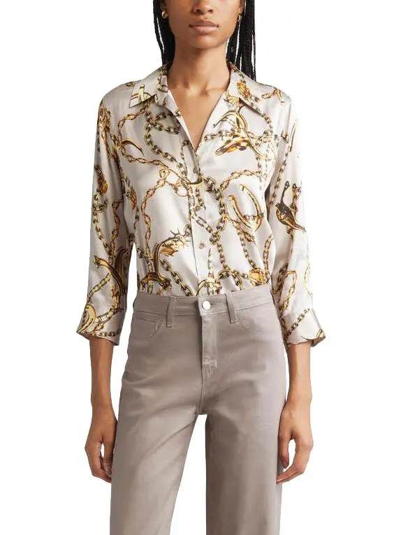 L'Agence Dani Chain Print Silk Shirt - Smoke Grey/gold Long Horn Chai