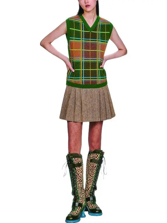 Anna Sui Plaid Sweater Vest - Leaf Green Multi
