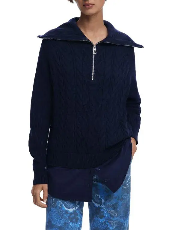 Desigual Mixed Media Oversized Cable Knit Half Zip Sweater - Navy Blue