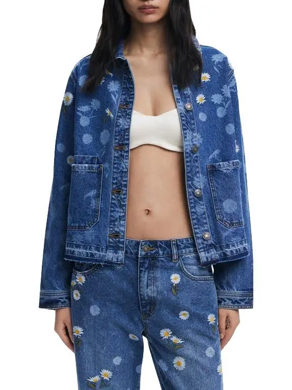 Desigual Floral Embroidered Denim Trucker Jacket - Medium Blue