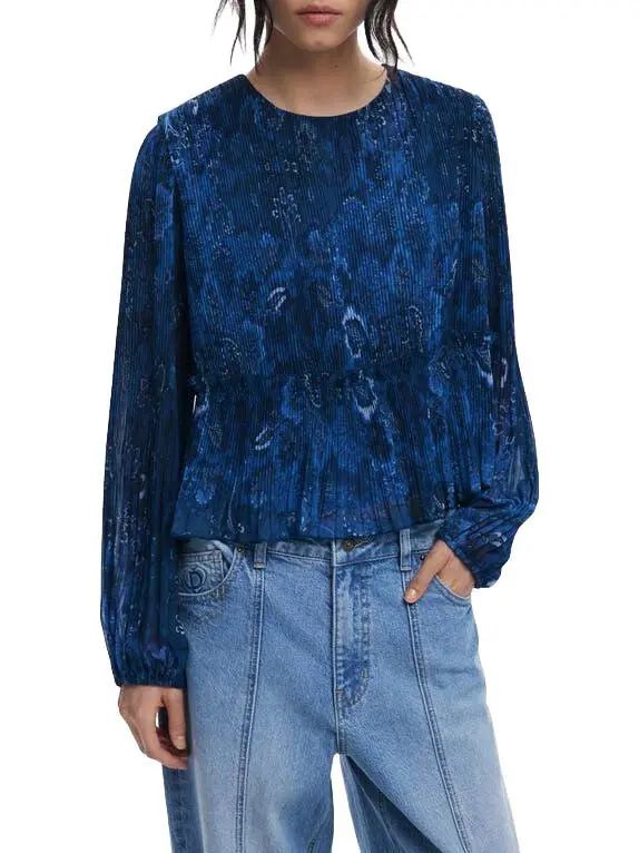 Desigual Pleated Floral Print Long Sleeve Shirt - Dark Blue