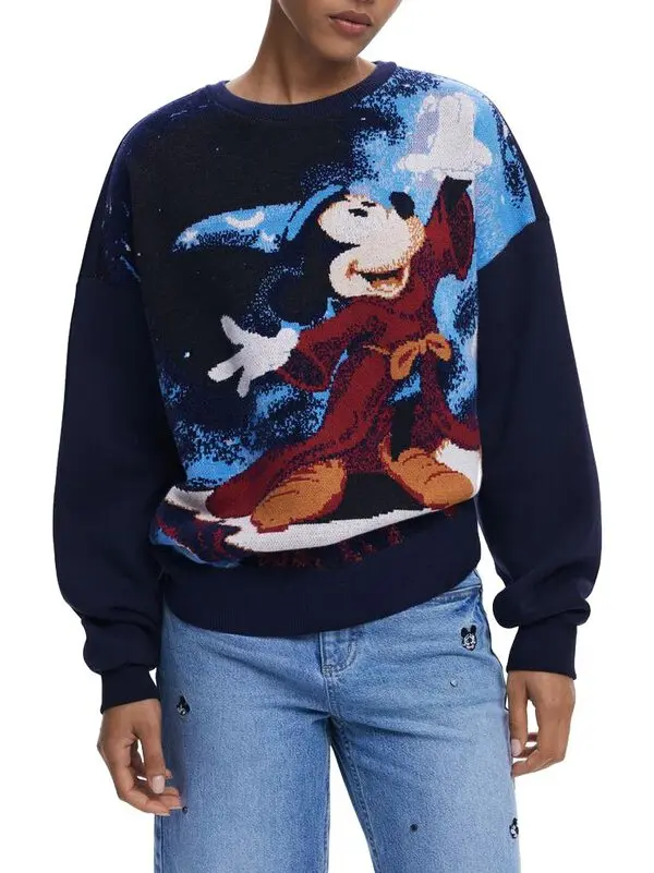 Desigual Mickey Mouse Jacquard Knit Crewneck Sweater - Navy Blue