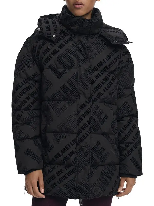 Desigual Flocked Print Quilted Puffer Jacket - Black