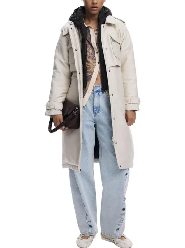 Desigual Belted Trench Coat With Removable Hooded Bib - Beige