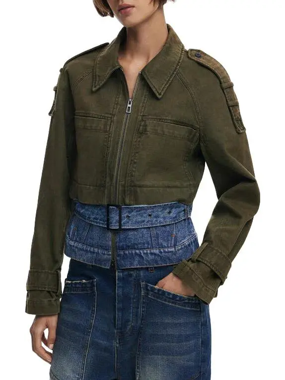 Desigual Mixed Media Military Jacket - Khaki Green/blue