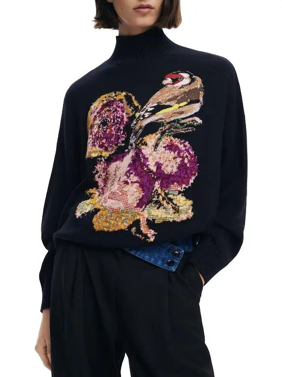 Desigual Embroidered Mock Neck Sweater - Black