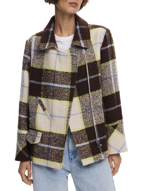 Desigual Check Plaid Short Overcoat - Light Beige
