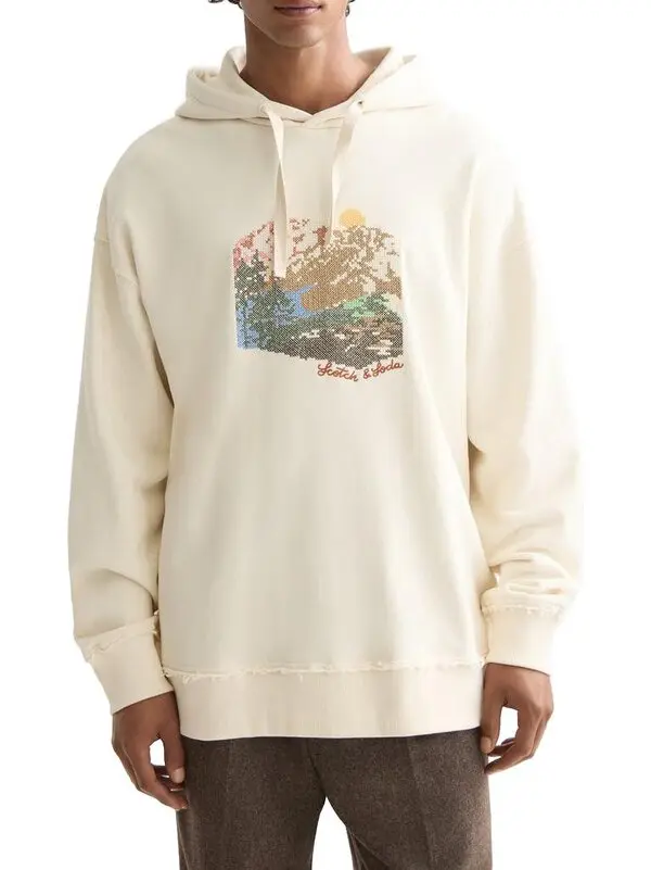 Scotch & Soda Loose Fit Embroidered Cotton Fleece Hoodie - Eggnog
