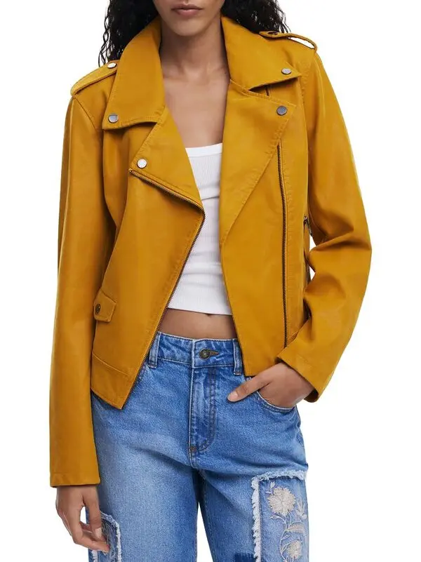 Desigual Faux Leather Moto Jacket - Dark Yellow