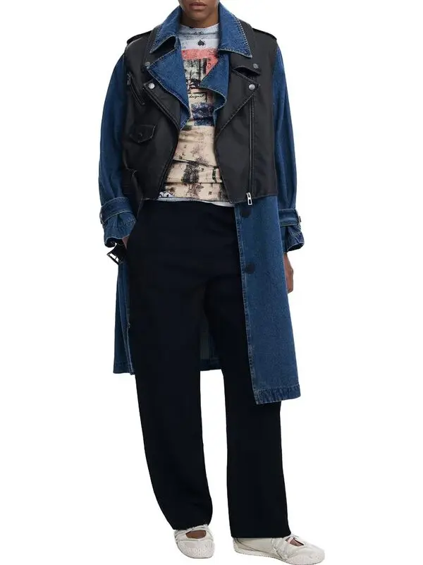 Desigual Denim Trench Coat With Removable Faux Leather Vest - Medium Blue