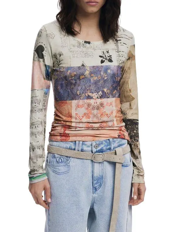 Desigual Pieced Print Long Sleeve T-shirt - Beige